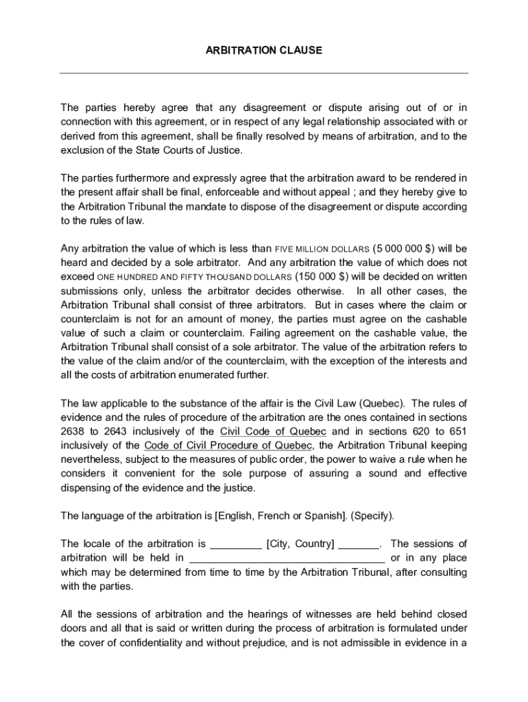 Fillable Online Arbitration Clause Sample Clauses: 568 Samples - Law ...