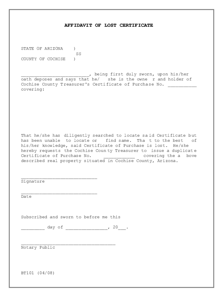 Fillable Online AFFIDAVIT OF LOST CERTIFICATE - cochise.az.gov Fax ...