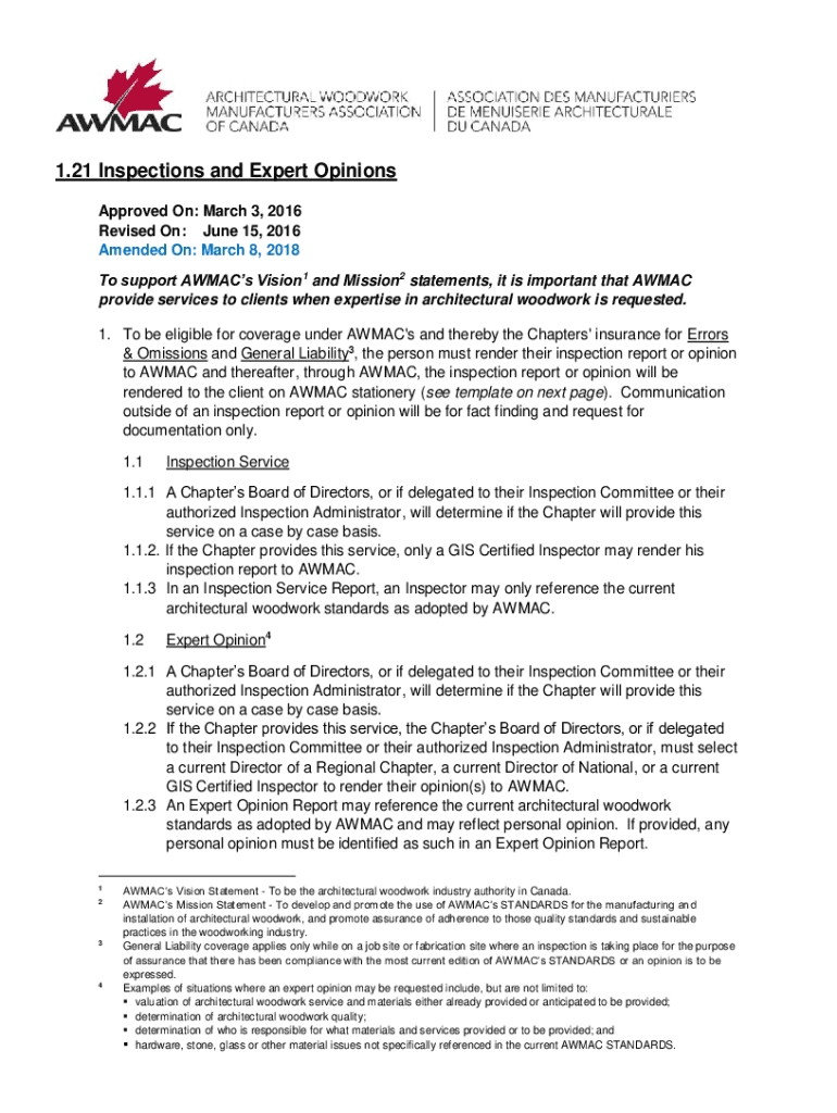 Fillable Online 1.21 Inspections and Expert Opinions - AWMAC Fax Email ...