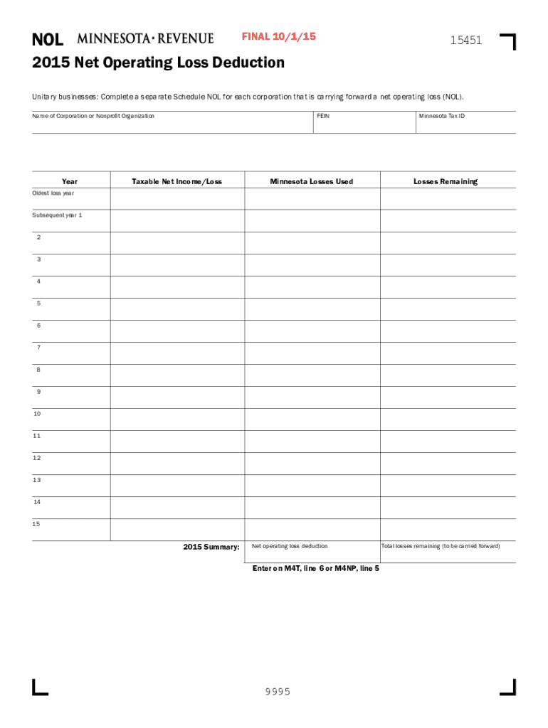 Fillable Online www.taxformfinder.orgforms20152015 NOL, Net Operating ...