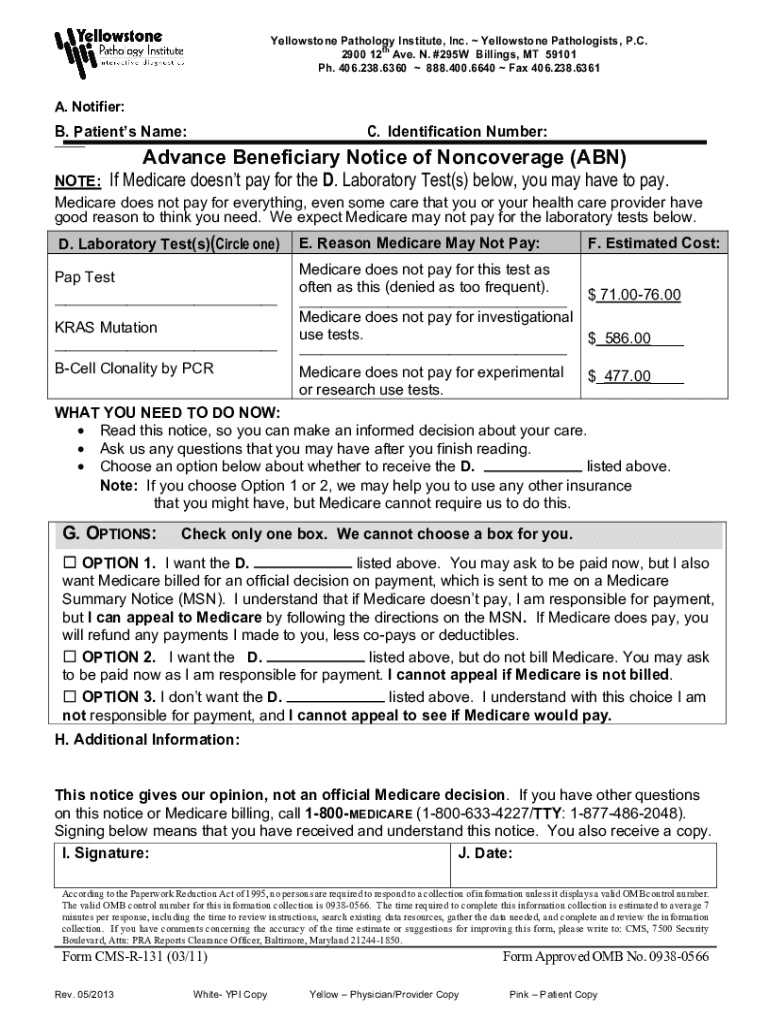 Fillable Online Identification Number: Advance Beneficiary Notice of ...