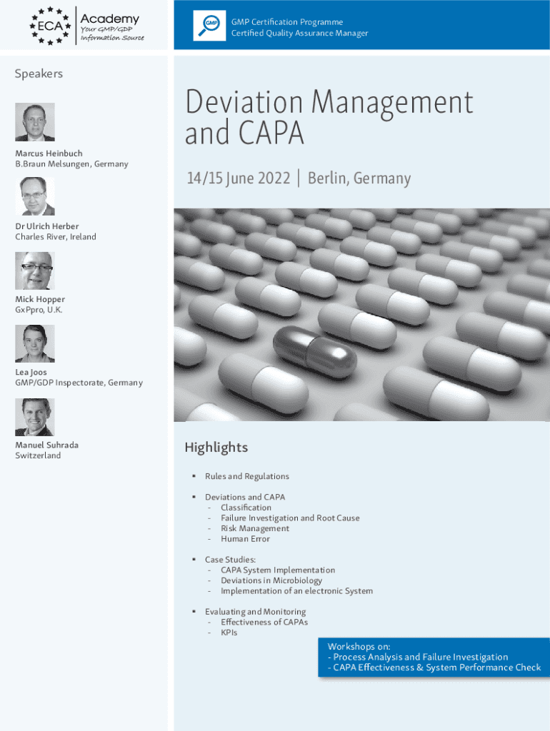 Fillable Online Speakers Deviation Management and CAPA - GMP Navigator ...