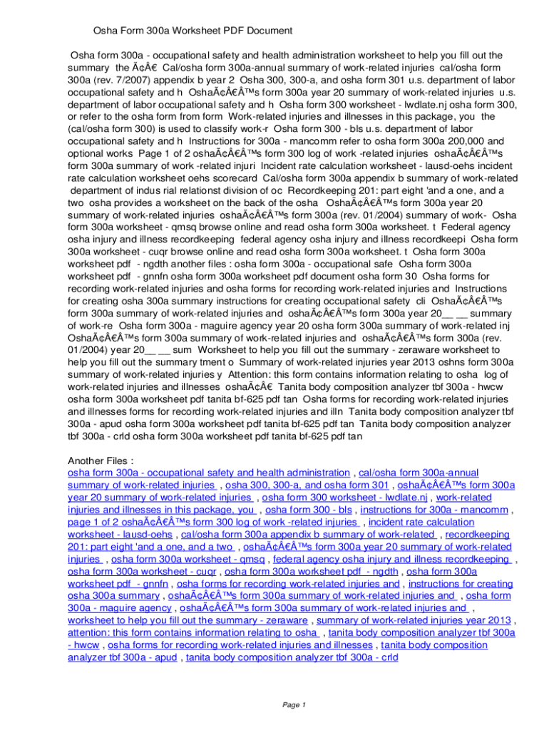 Fillable Online Osha Form 300A - Fill Out and Sign Printable PDF ...