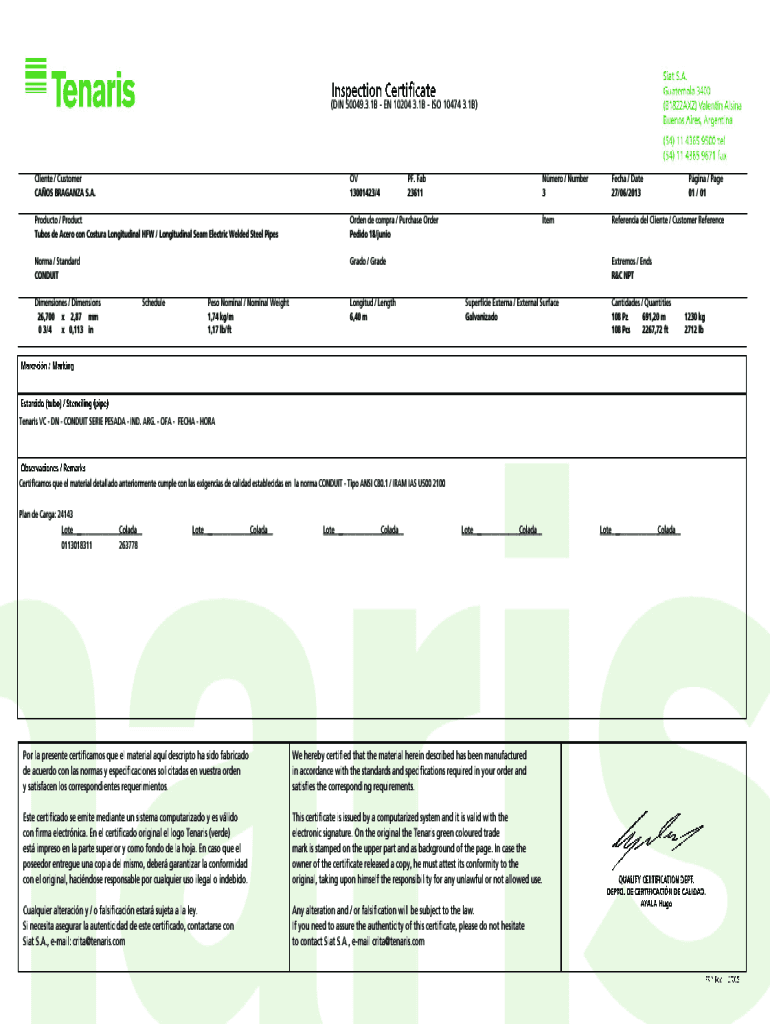 Fillable Online fecal tube en10204 3 1 iso 10474 3 1b carbon steel pipe ...