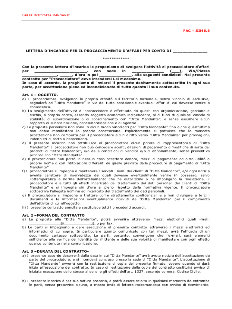 Fillable Online lettera d'incarico per il procacciamento d'affari per ...