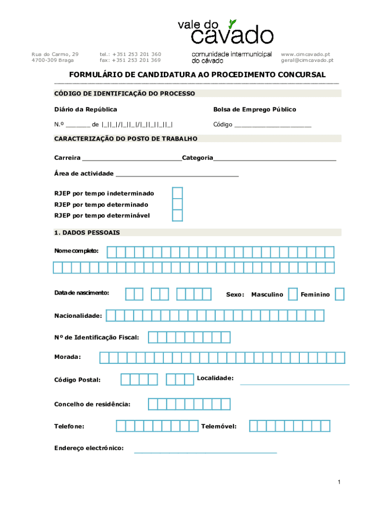 Fillable Online www.cimcavado.ptwp-contentuploadsFORMULRIO DE CANDIDATURA AO PROCEDIMENTO ...