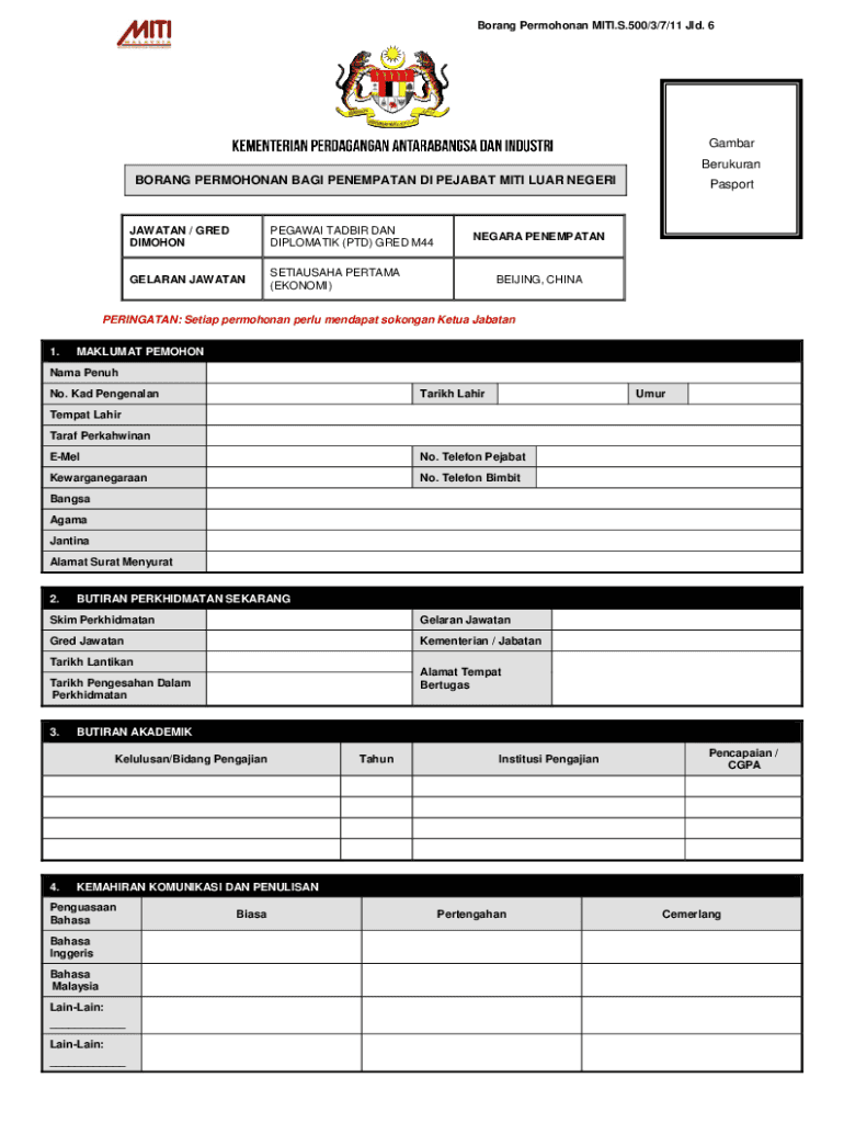 Fillable Online BORANG PERMOHONAN BAGI PENEMPATAN DI ... - MITI Fax Email Print - pdfFiller