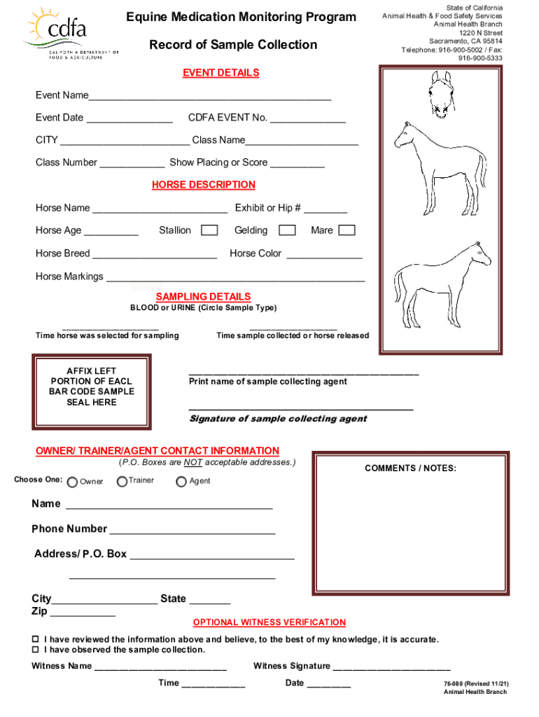 Fillable Online Equine Medication Monitoring Program Record of Sample ...