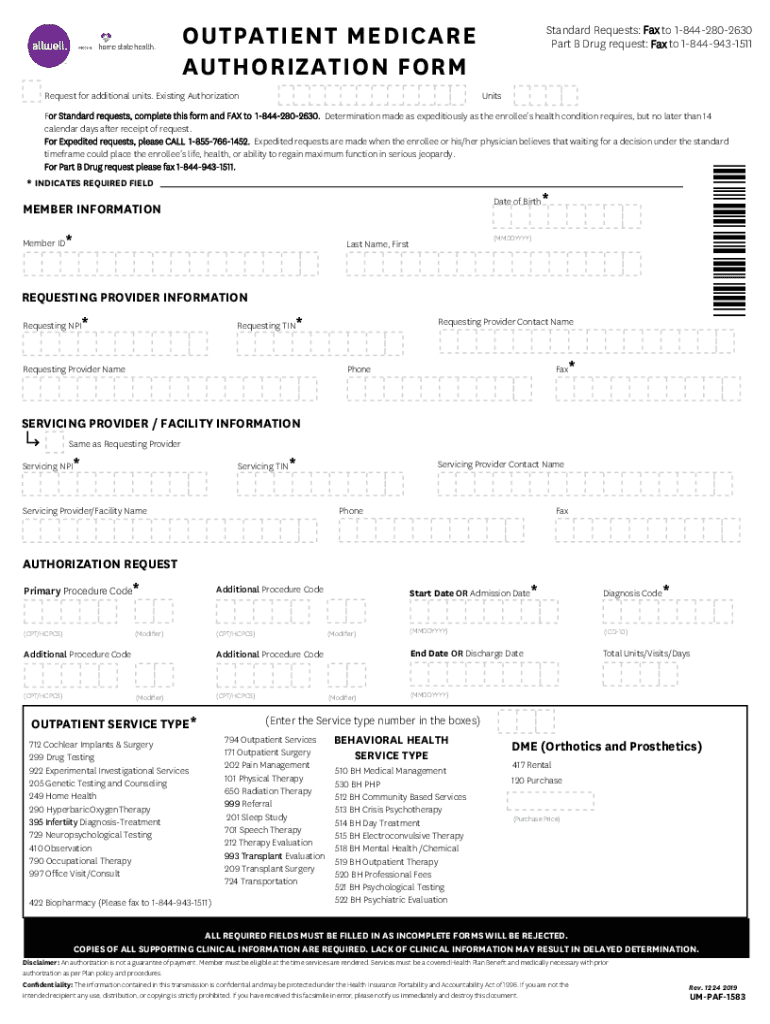 Fillable Online Allwell From Home State Health - Outpatient Medicare ...