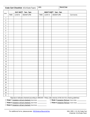Fillable Online ChecklistICU Code Carts (Form #1355-1). Daily Code Cart ...