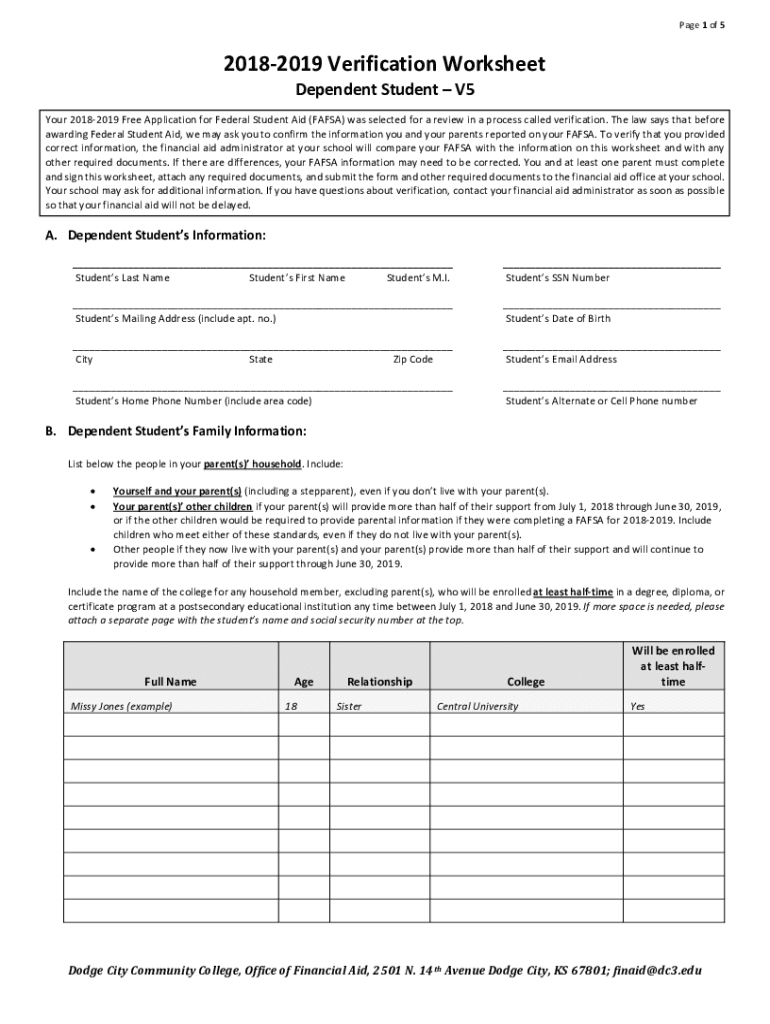 Fillable Online Get the free 20182019 V5 Verification Worksheet Dependent ... Fax Email Print ...