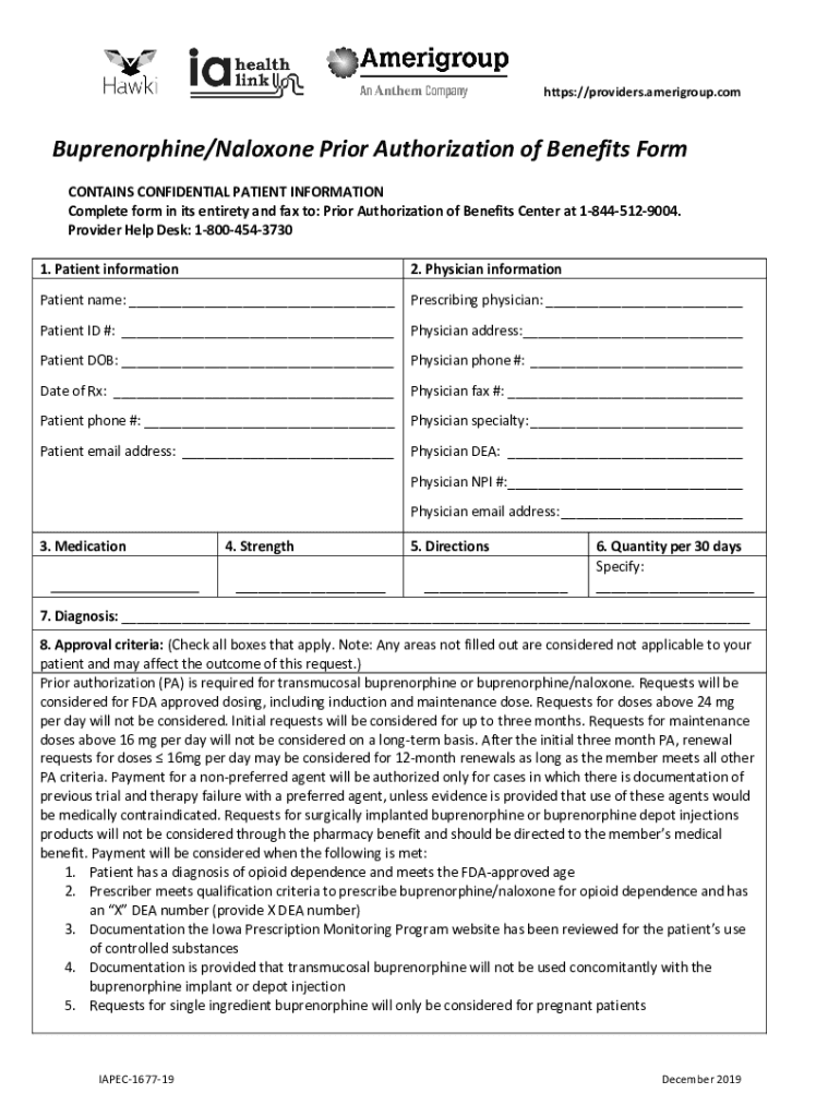 Fillable Online provider.amerigroup.comdampublicdocumentsBuprenorphine/Naloxone Prior ...