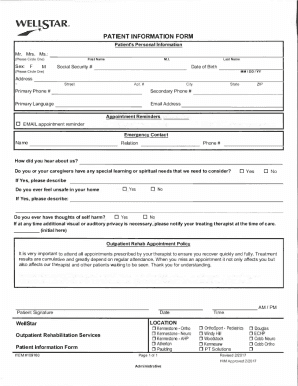 Fillable Online WELLSTA R -,,--)(.. PATIENT INFORMATION FORM Fax Email ...
