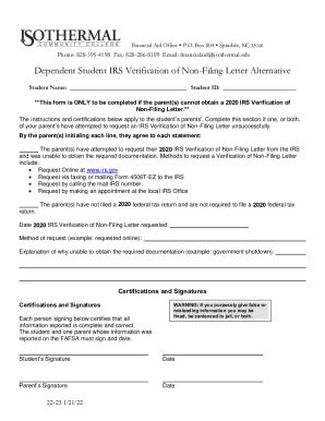 Fillable Online Dependent Student IRS Verification of Non-Filing Letter ...