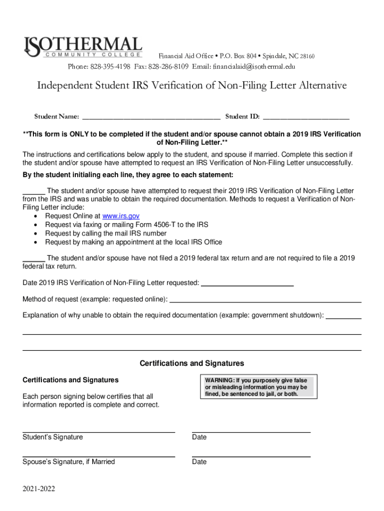 Fillable Online IRS Verification of Non-Filing Letter Alternative ...