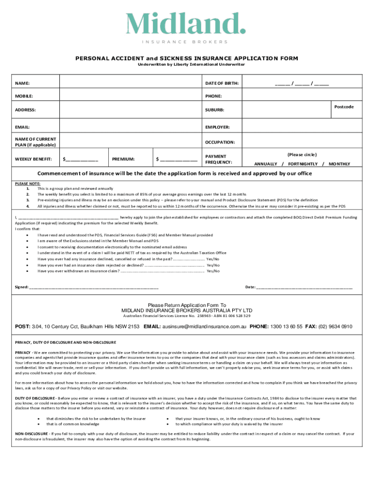 Fillable Online PERSONAL ACCIDENT & SICKNESS INSURANCE APPLICATION FORM ...