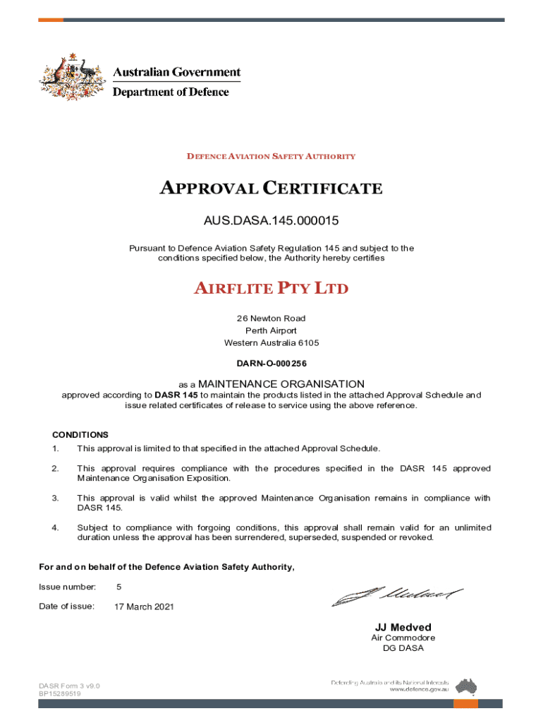 Fillable Online DEFENCE AVIATION SAFETY AUTHORITY APPROVAL CERTIFICATE ...