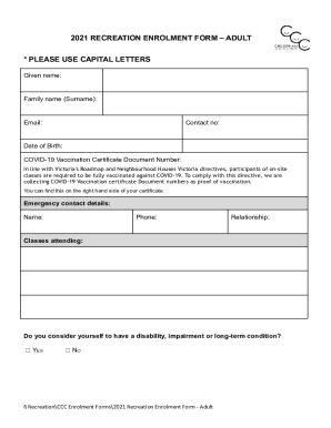 Fillable Online 2021 Recreation Adult Enrolment Form - Certificate Fax ...