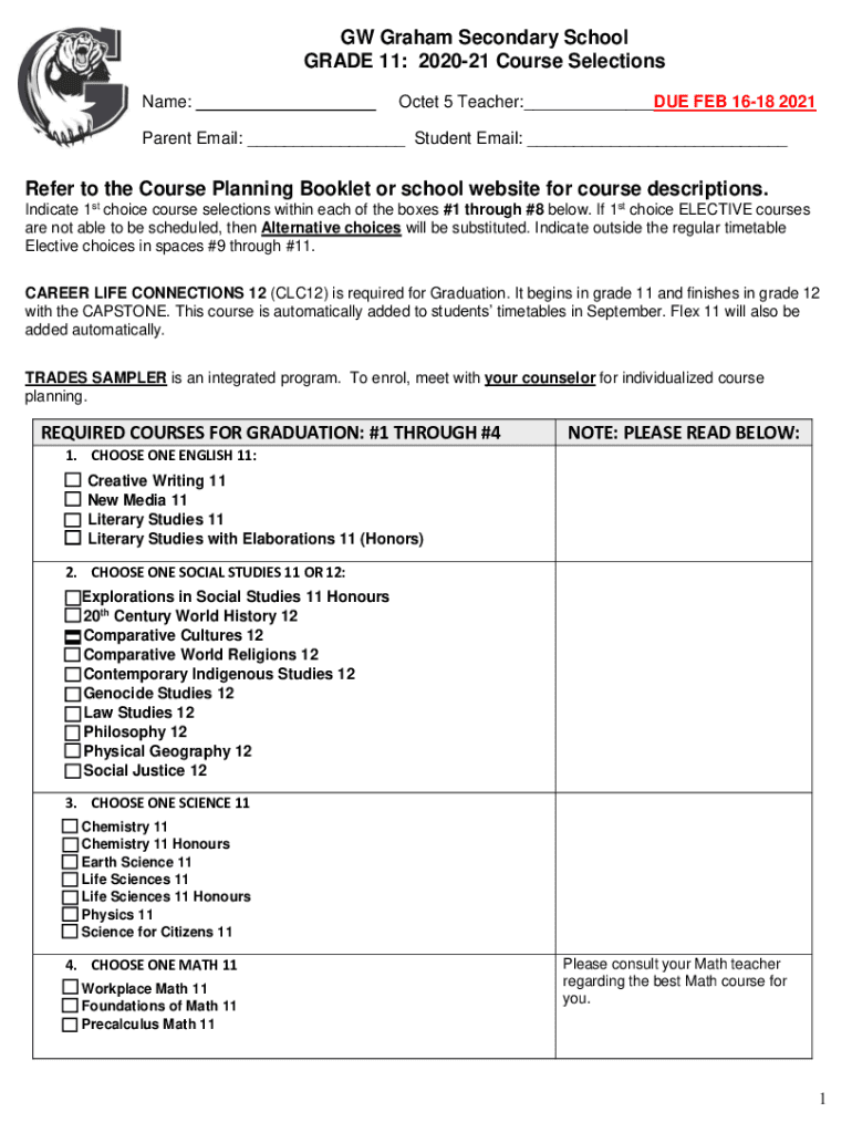 Fillable Online gwg sd33 bc Refer to the Course Planning Booklet ...