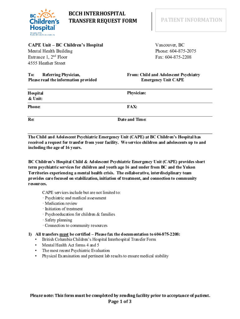 Fillable Online BCCH INTERHOSPITAL TRANSFER REQUEST FORM PATIENT ...