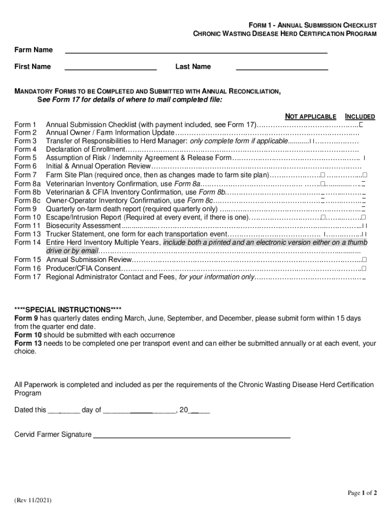 Fillable Online FORM 1 ANNUAL SUBMISSION CHECKLIST CWD VOLUNTARY HERD ...