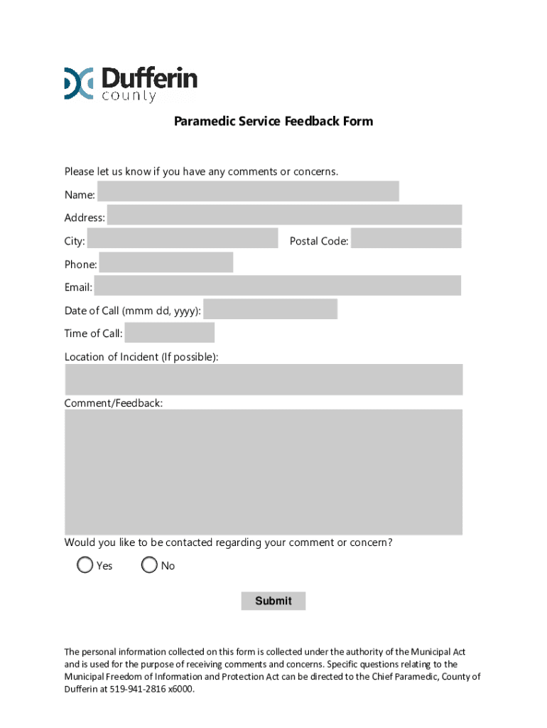 Fillable Online Paramedic Service Feedback Form Fax Email Print - pdfFiller