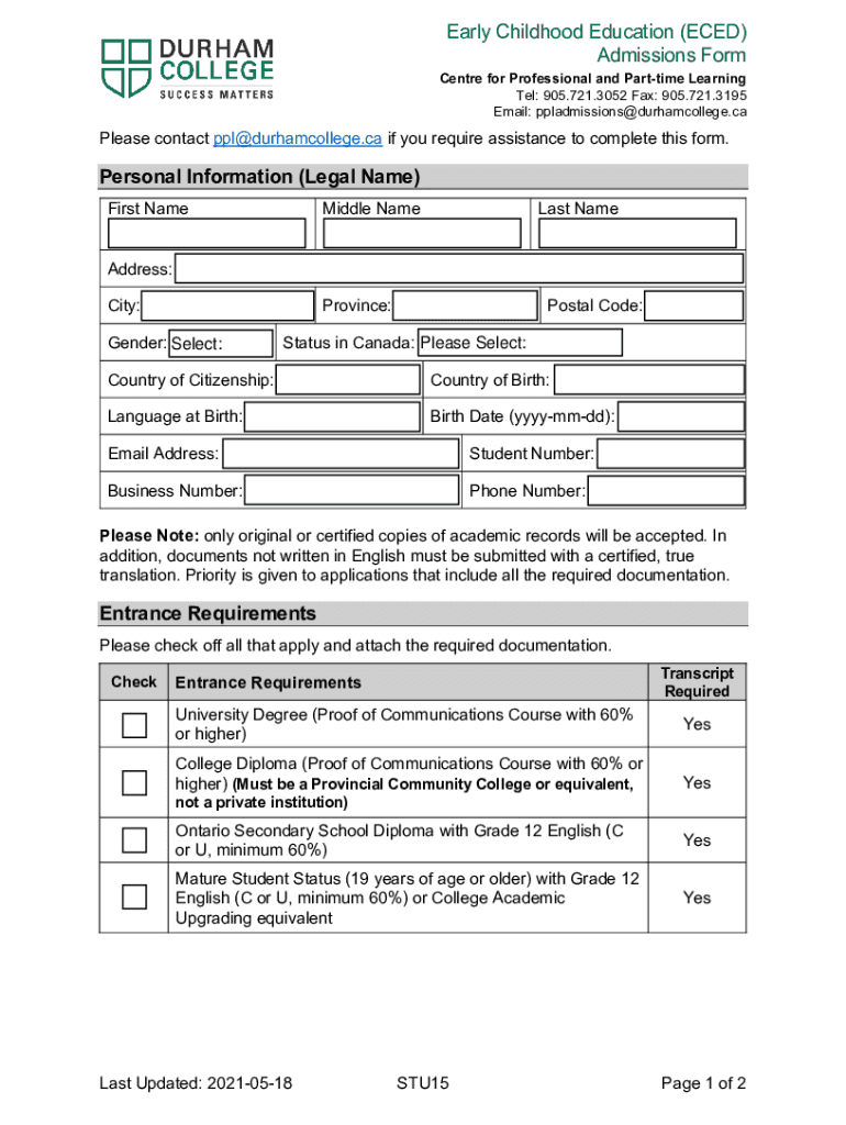 Fillable Online Program Admission Form Early Childhood Education (ECED ...