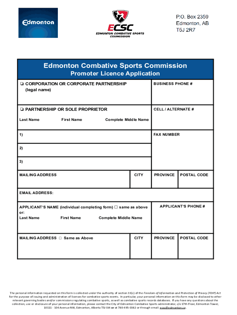 Fillable Online Promoter Licence Application, June 2021 update. ECSC ...