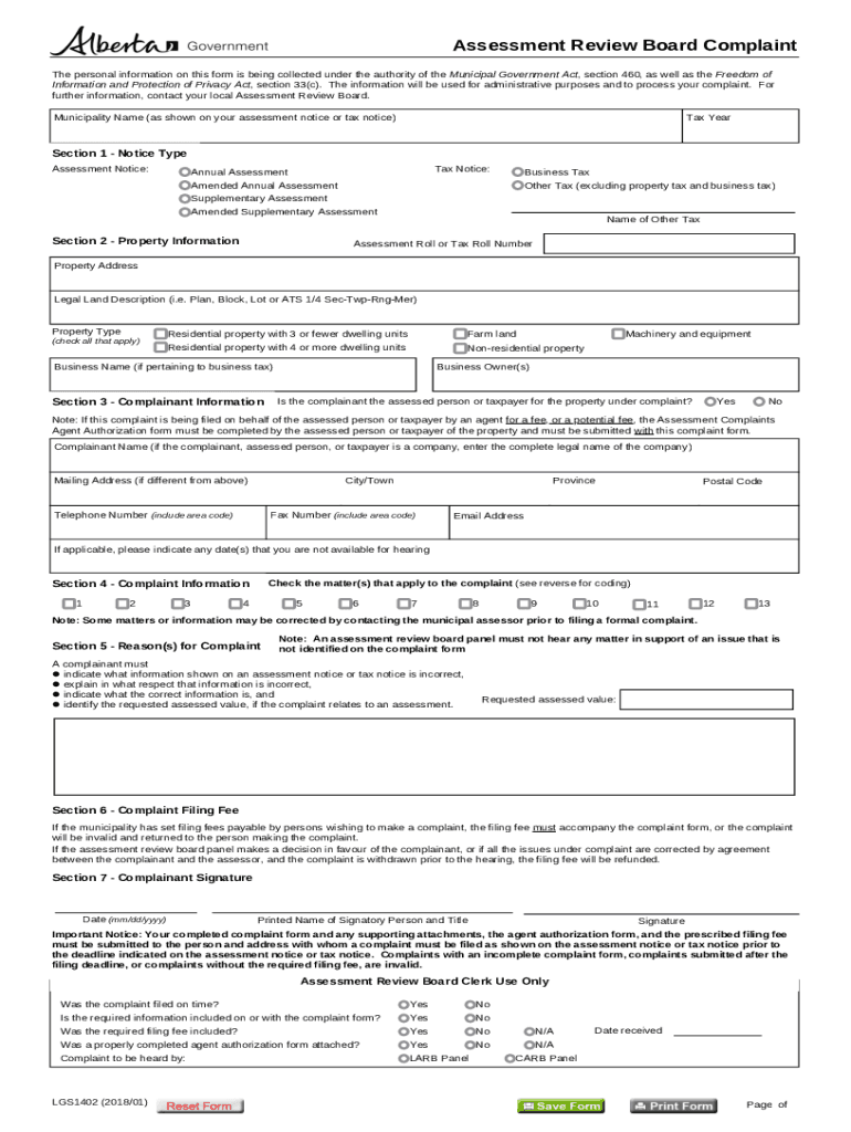 Fillable Online Assessment Review Board Complaint. This form is used to ...