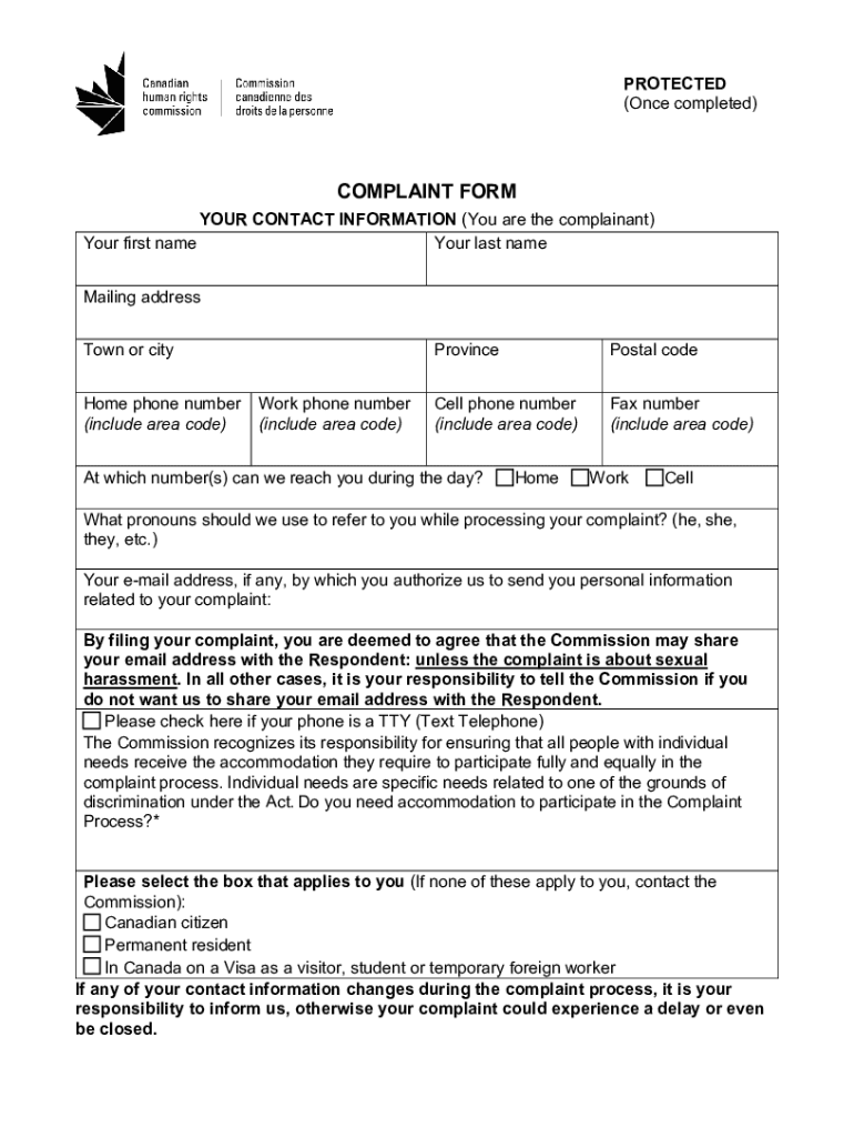 Fillable Online COMPLAINT FORM - chrc-ccdp.gc.ca Fax Email Print ...