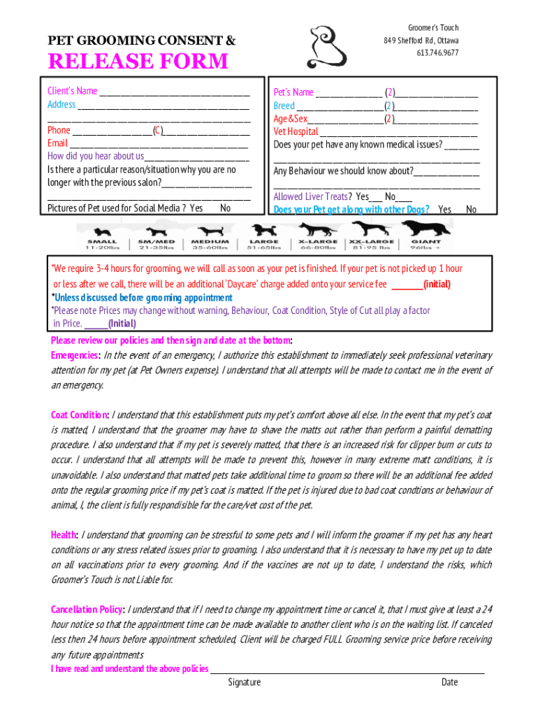Fillable Online Groomers Touch PET GROOMING CONSENT Fax Email Print ...