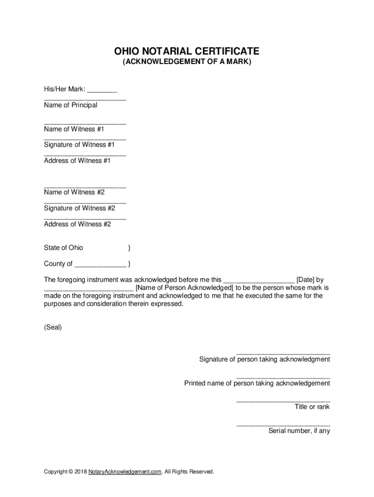 Fillable Online Ohio Notarial Certificate - Acknowledgement of a Mark ...