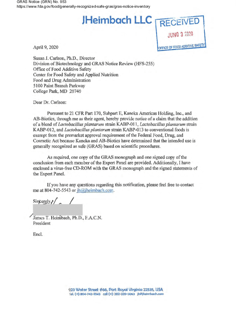 Fillable Online GRAS Notice 953, Lactobacillus plantarum strain CECT ...