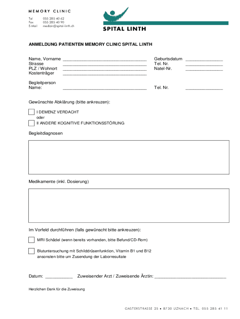 Fillable Online ANMELDUNG PATIENTEN MEMORY CLINIC SPITAL LINTH Fax ...