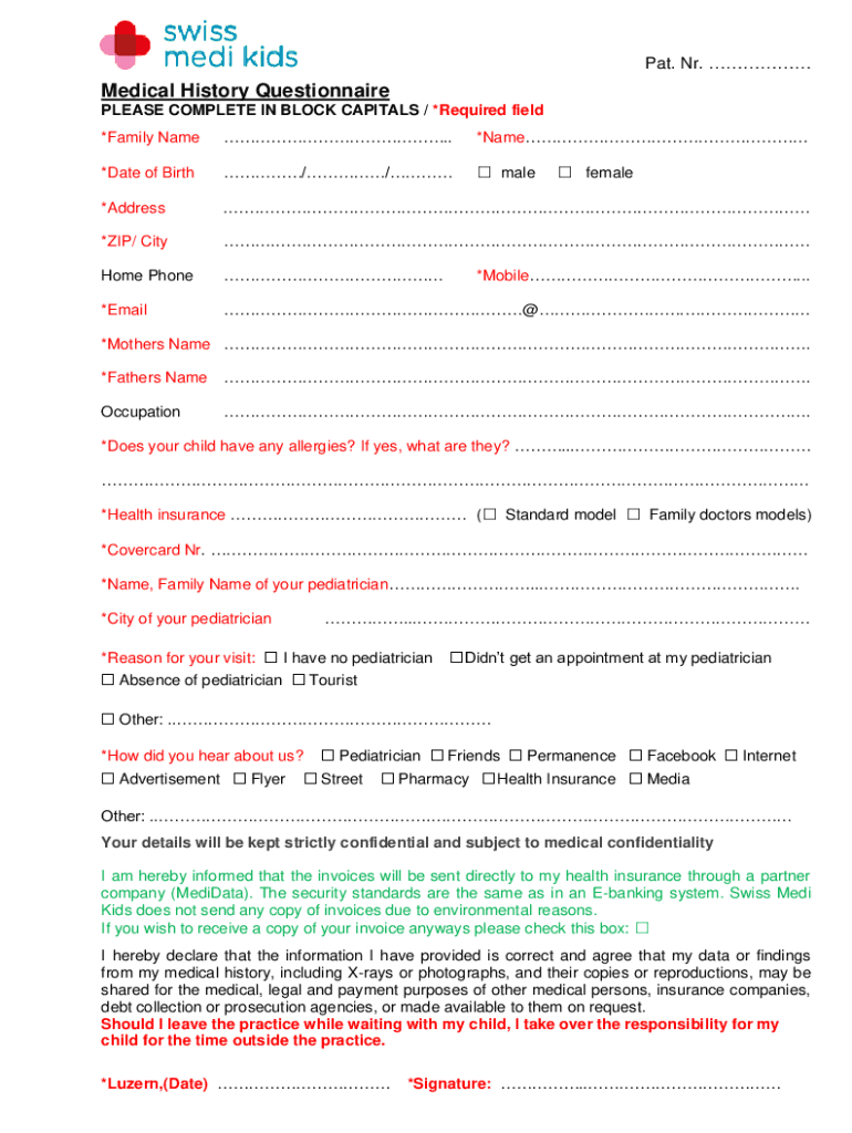 Fillable Online Pat. Nr.Medical History Questionnaire Fax Email Print ...