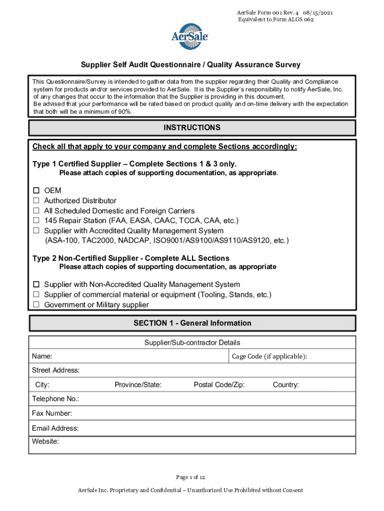 Fillable Online Supplier Self Audit Questionnaire / Quality Assurance ...