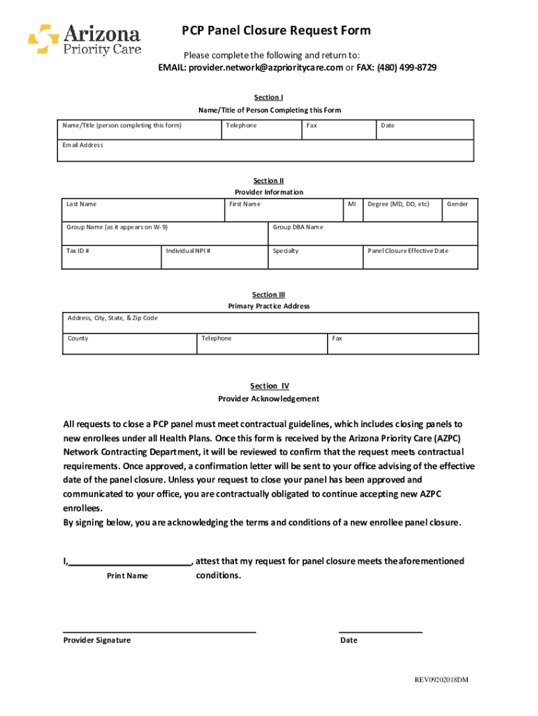 Fillable Online PCP Panel Closure Request Form - azprioritycare.com Fax ...