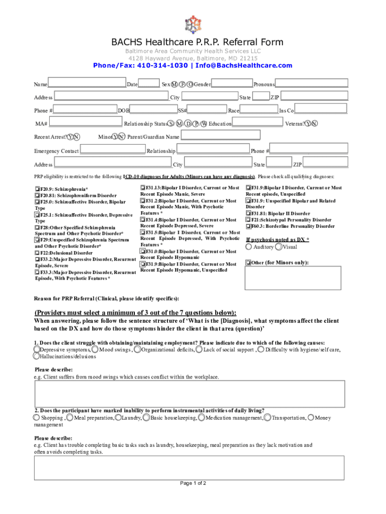 Fillable Online Fillable Online PDF BACHS Healthcare P.R.P. Referral ...