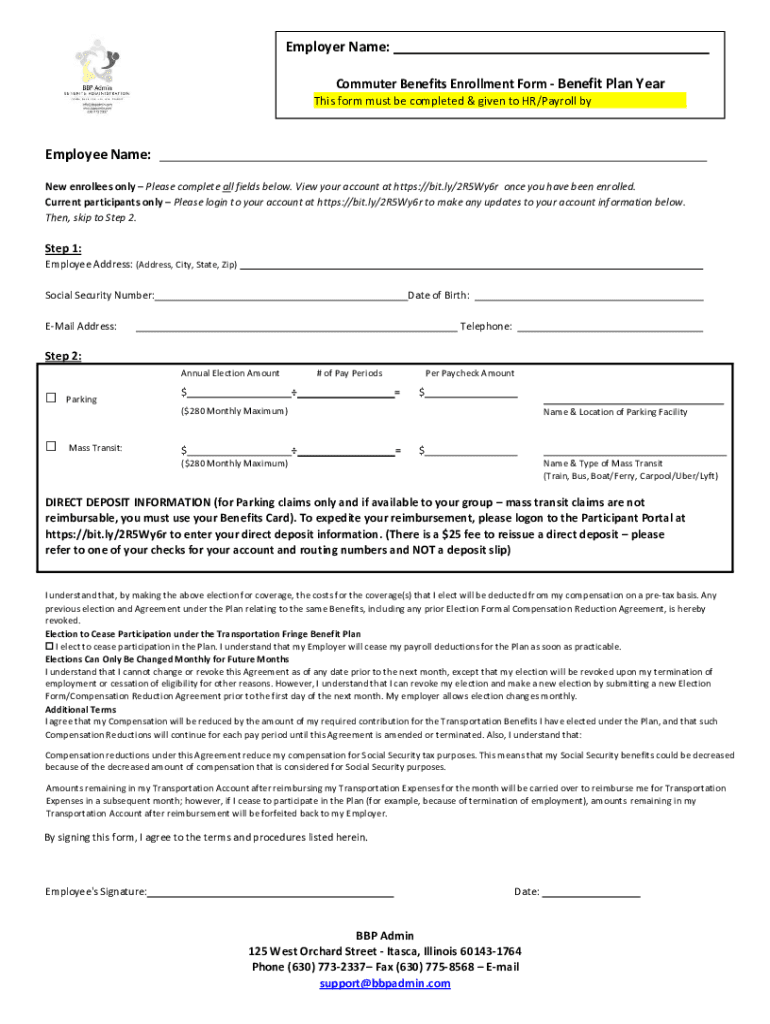 Fillable Online Employer Name: Commuter Benefits Enrollment Form Benefit ... Fax Email Print ...