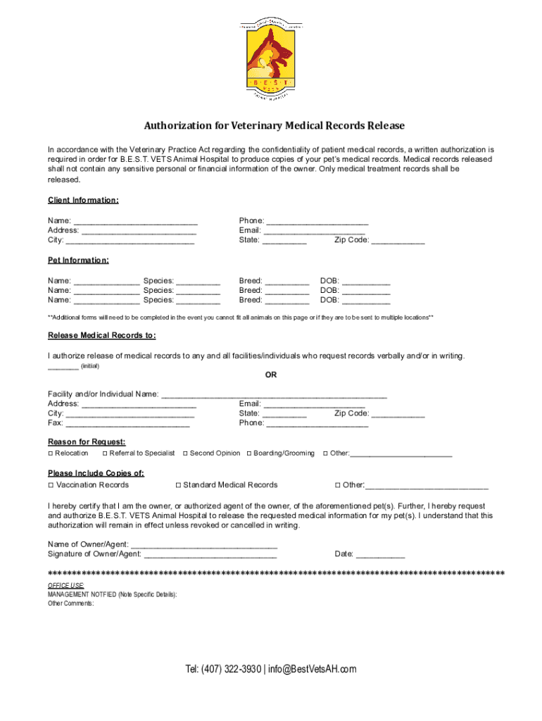 Fillable Online AUTHORIZATION FOR VETERINARY MEDICAL RECORDS RELEASE ...