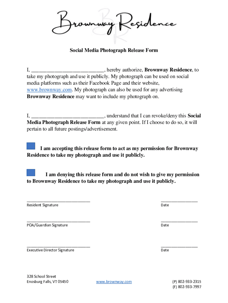 Fillable Online Social Media Photograph Release Form - brownway.com Fax ...