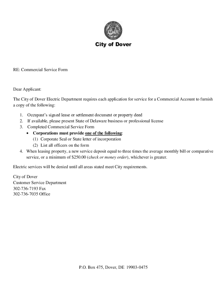 Fillable Online Commercial Service Form Updated - City of Dover Fax ...