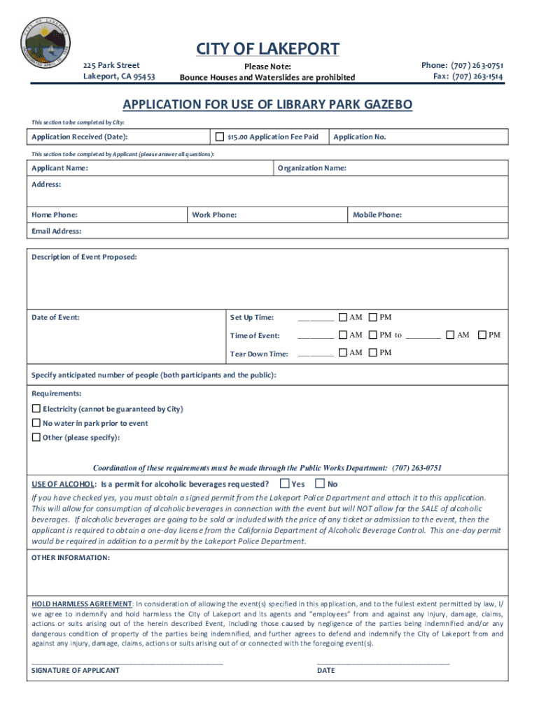 Fillable Online APPLICATION FOR USE OF LIBRARY PARK GAZEBO - City of ...