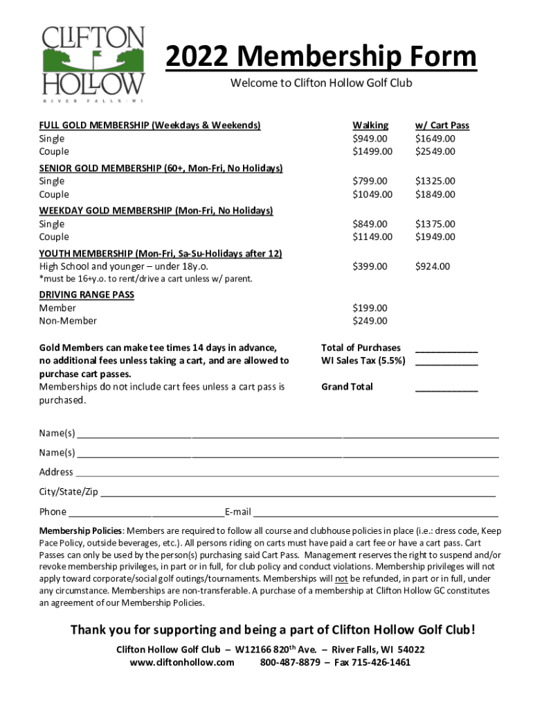 Fillable Online Fillable Online 2018 Membership Form - Clifton Hollow ...