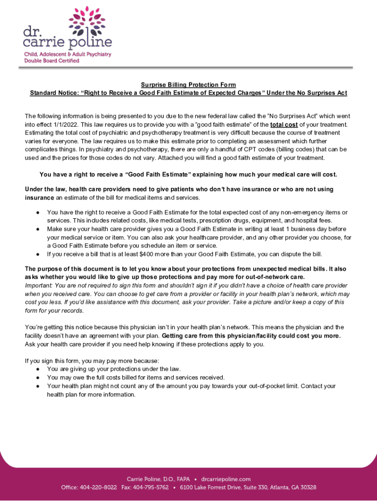 Fillable Online Surprise Billing Protection Form total cost You have a ...