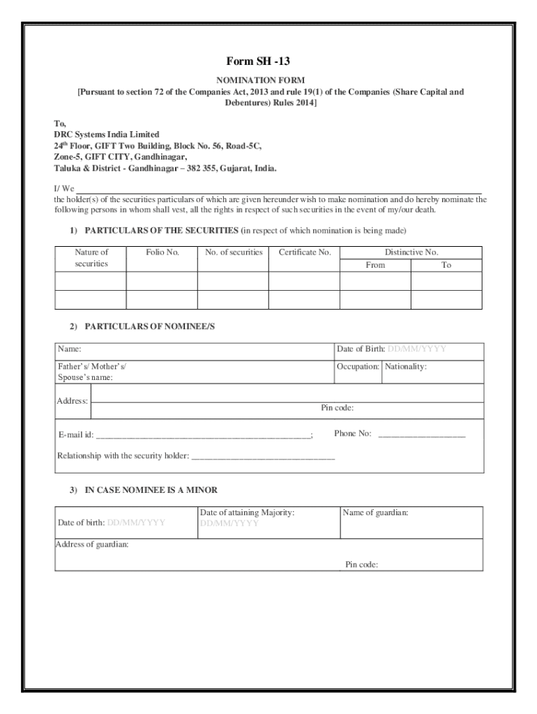 Fillable Online Form No. SH-13 Nomination Form - sebi.gov.in Fax Email Print - pdfFiller