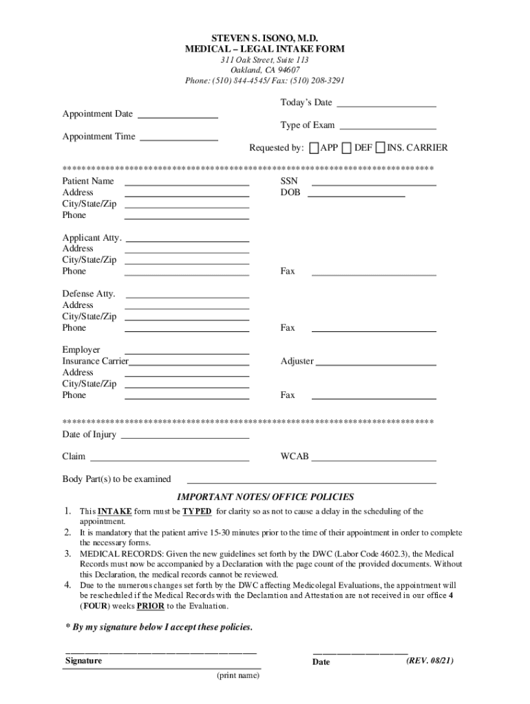 Fillable Online Fillable Online MEDICAL LEGAL INTAKE FORM Fax Email ...