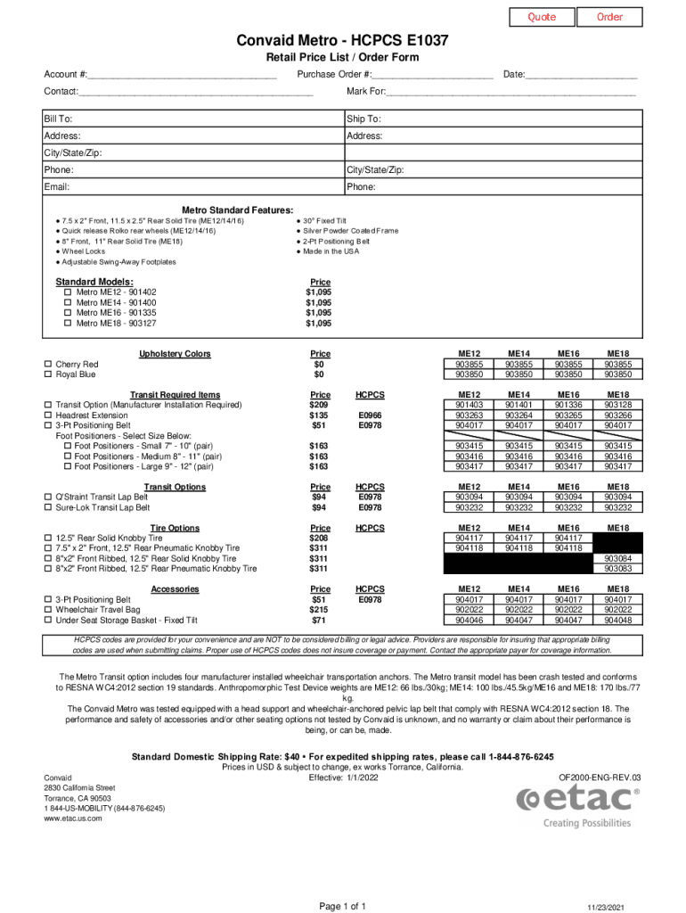 Fillable Online Fillable Online Convaid Metro HCPCS E1037 Retail Price ...