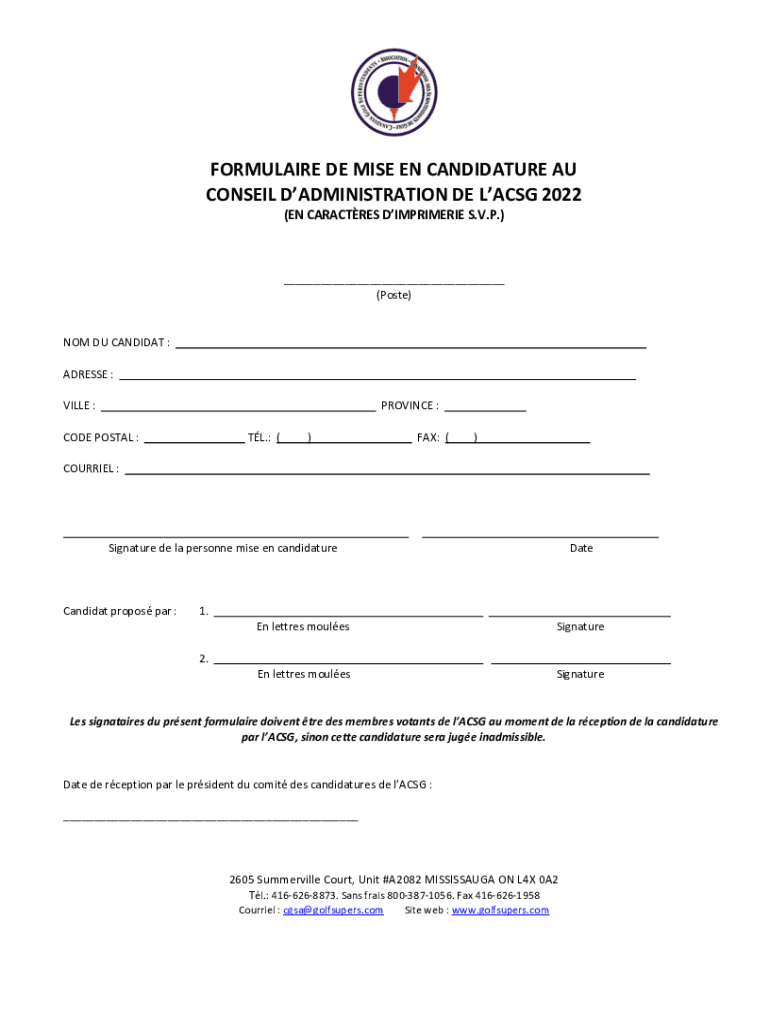 Fillable Online Fillable Online FORMULAIRE DE MISE EN CANDIDATURE AU ...