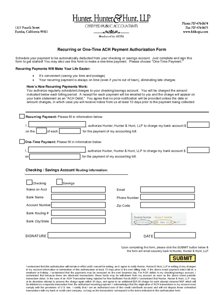 Fillable Online Recurring or One-Time ACH Payment Authorization Form Fax Email Print - pdfFiller